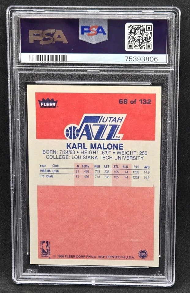 1986-87 Fleer #68 Karl Malone HOF RC Signed Rookie Card PSA 8 PSA/DNA ...