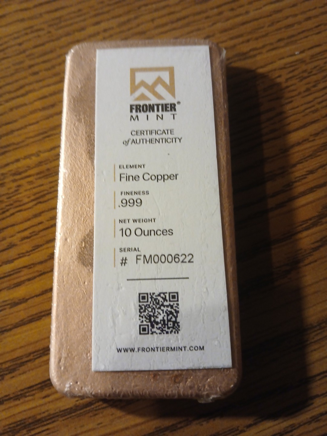 10oz Pure .999 Copper Bar. Frontier Mint With Serial Number | eBay