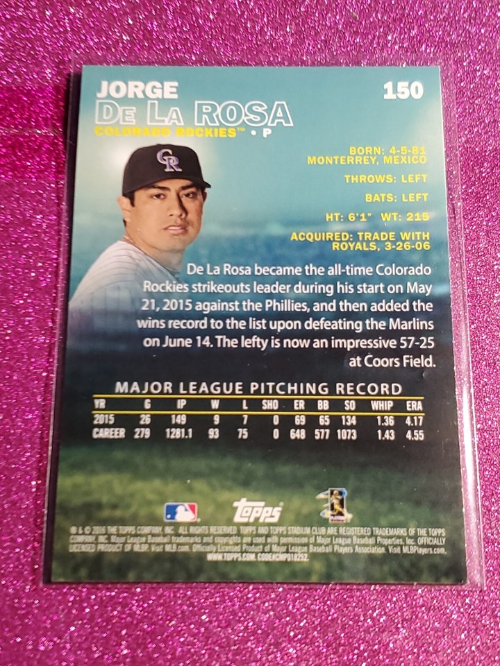 2016 Stadium Club Black #150 Jorge De La Rosa Colorado Rockies | eBay