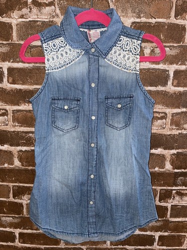 JAPNA KIDS GIRLS SIZE 10 DENIM BUTTON UP SHIRT SLEEVELESS TOP JEAN LACE ...