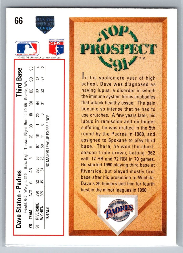 Dave Staton 1991 Upper Deck Top Prospect BASEBALL #66 San Diego Padres ...