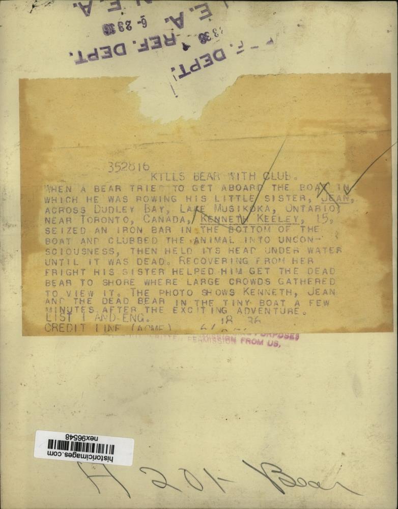 1936 Press Photo Kenneth Keeley Kills Bear Attacking Boat Jean Keeley ...