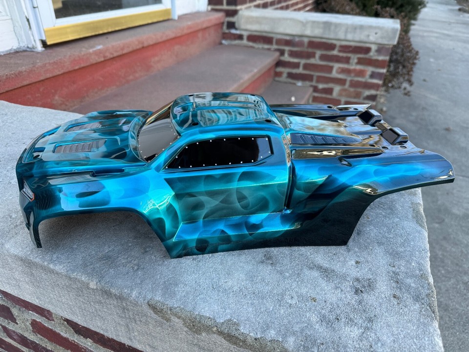 CUSTOM PAINTED RC BODY, TRAXXAS SLEDGE BLUE CHROME FLAMES, AIRBRUSHED ...