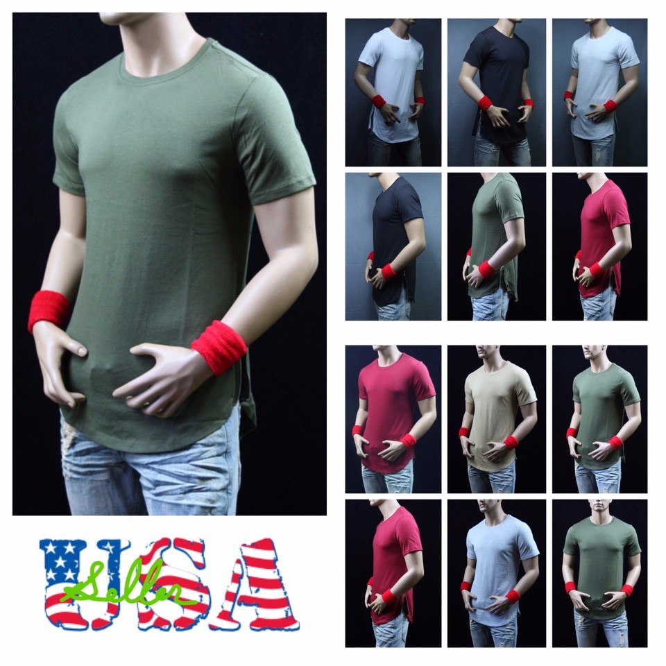 Mens T-Shirt Long Extended Casual Hip Hop Crew Neck Fashion Casual Tee ...