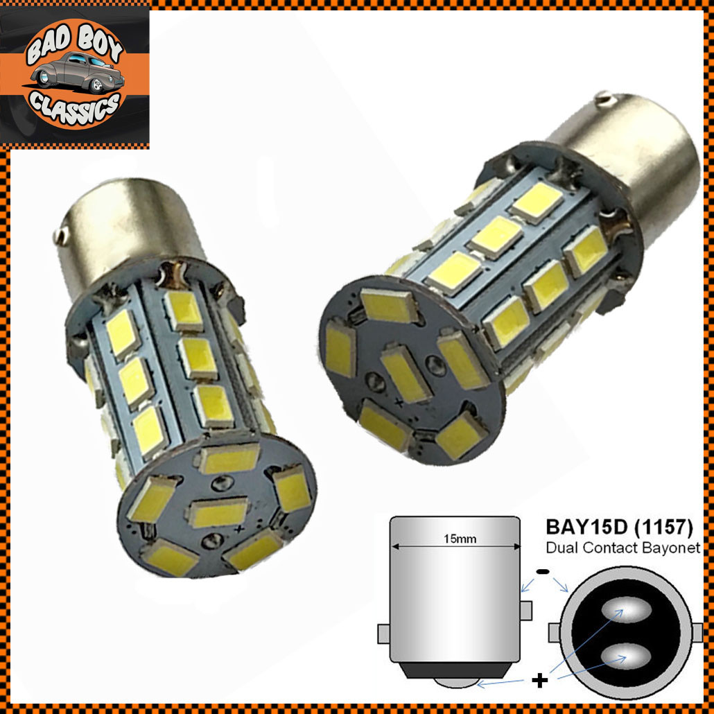 LED Positive + Negative Earth Stop Brake Tail Light Bulbs White CLASSIC ...