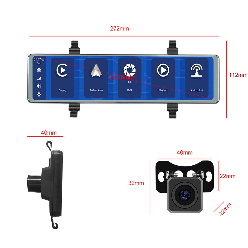 11.26" HD 1080P Carplay Android Auto Car Mirror Rear Camera Dash Cam ...