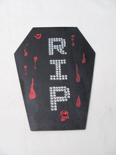 HAND DECORATED THIN FLAT WOODEN BLACK COFFIN SIGN "RIP" AND DRIPPING ...