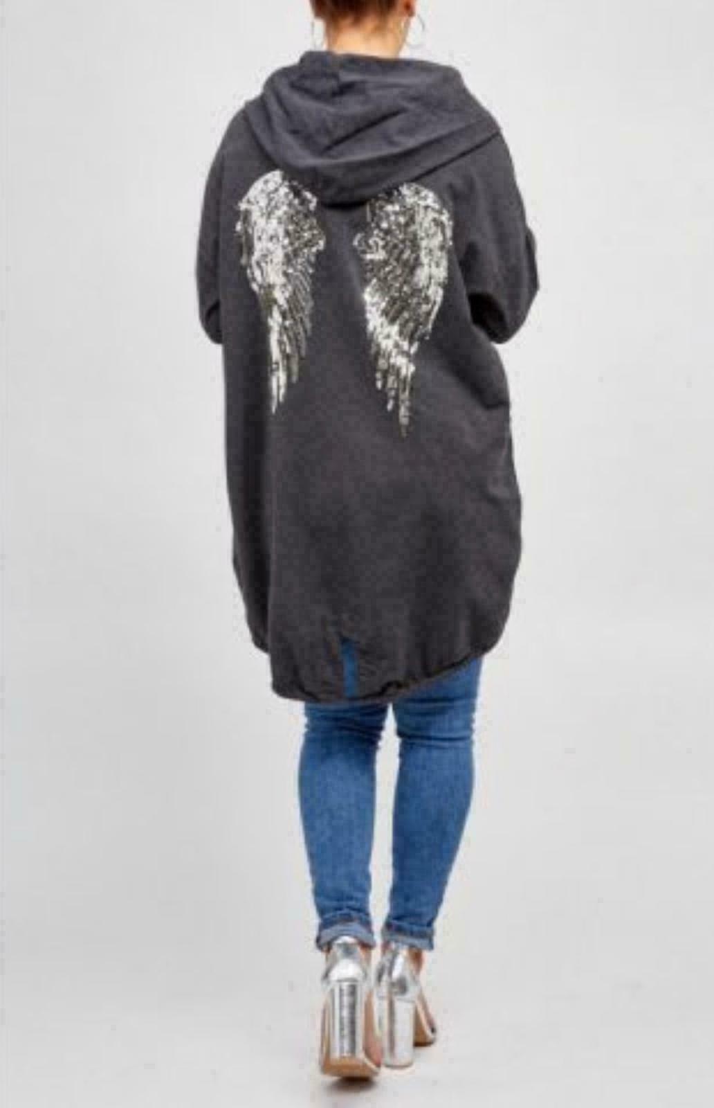Ladies Sequin Angel Wings Back Over-sized Hoodie Womens Jacket Coat ...