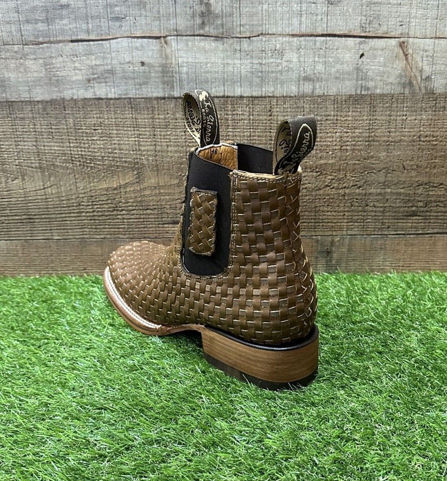 Men Western Square Toe Cowboy ANKLE BOOT Woven Braided BOTIN Vaquera ...