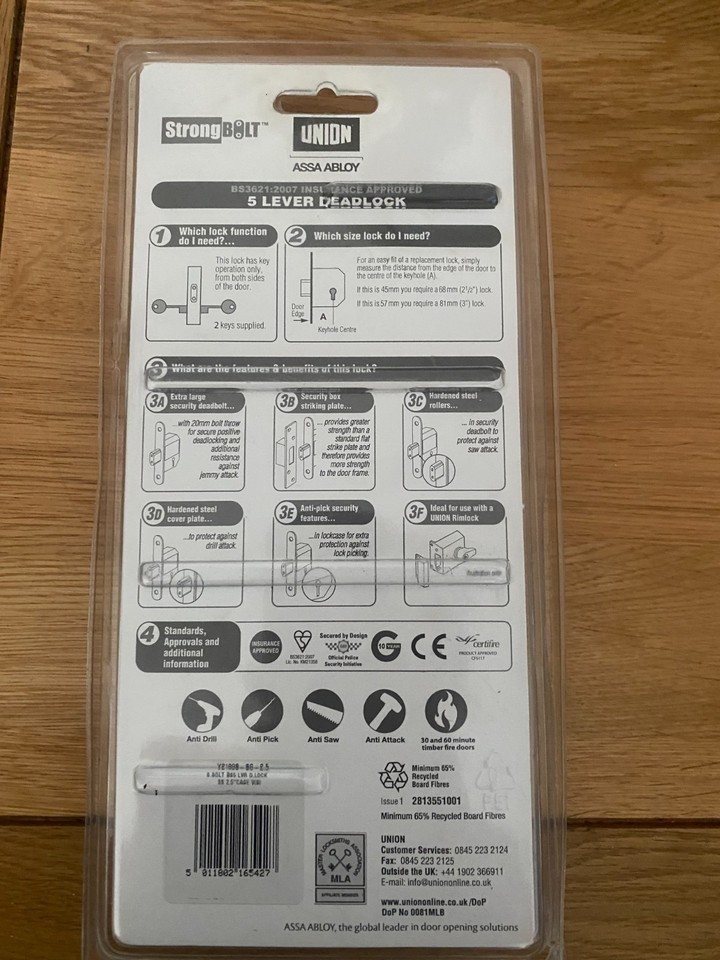 Union 68mm (2.5") StrongBOLT - BS 5 Lever Mortice Deadlock Satin Chrome ...