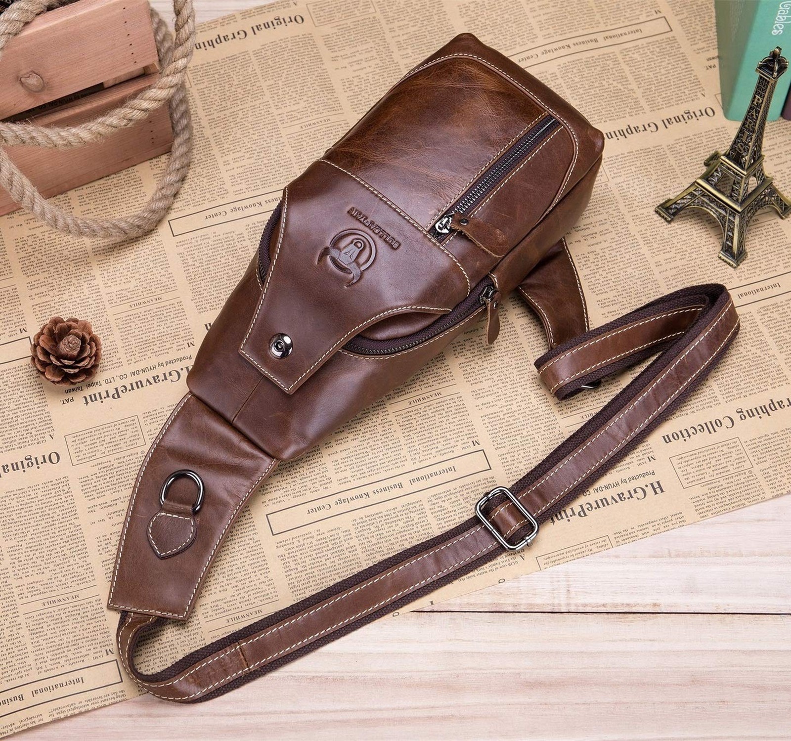 BULLCAPTAIN Genuine Leather Men Sling Crossbody Bag Multi-pocket Chest ...