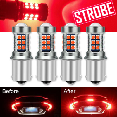 4Pcs 1156 7506 LED Red Strobe Flash Brake Stop Tail Parking Light Bulbs ...