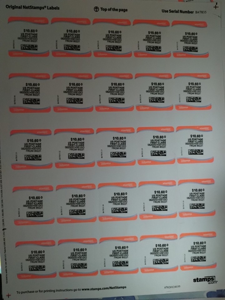 USPS $10.60 STAMPS.COM POSTAGE SHEETS RATE FOR SMALL FLAT RATE AND ...