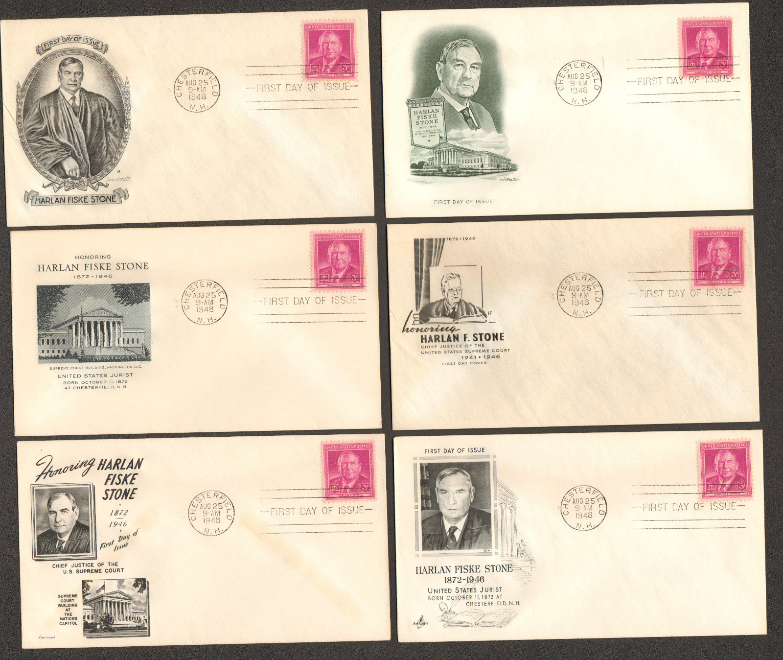 LOT OF 6 x 1948 COMMEMORATIVE ENVELOPES FIRST DAY ISSUE HARLAN FISKE ...