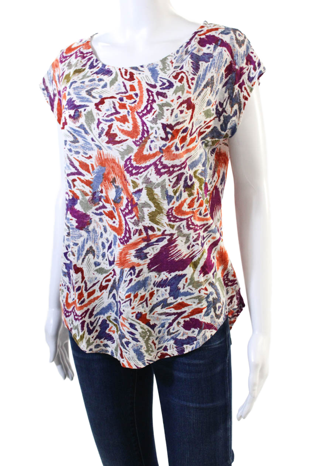 Nicole Miller Womens Linen Short Sleeve Round Neck Pattern Top Multi ...