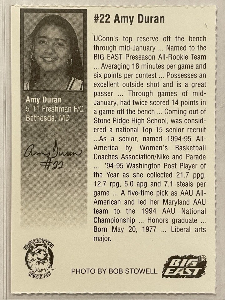 1995-96 Amy Duran UCONN Huskies Womens Basketball First Union Team ...