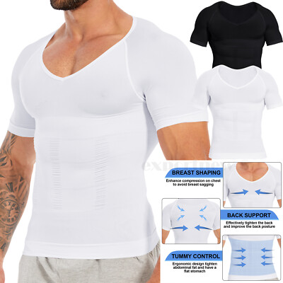 Mens Compression Shirts Shapewear Tops Body Shaper Undershirt V-Neck T ...