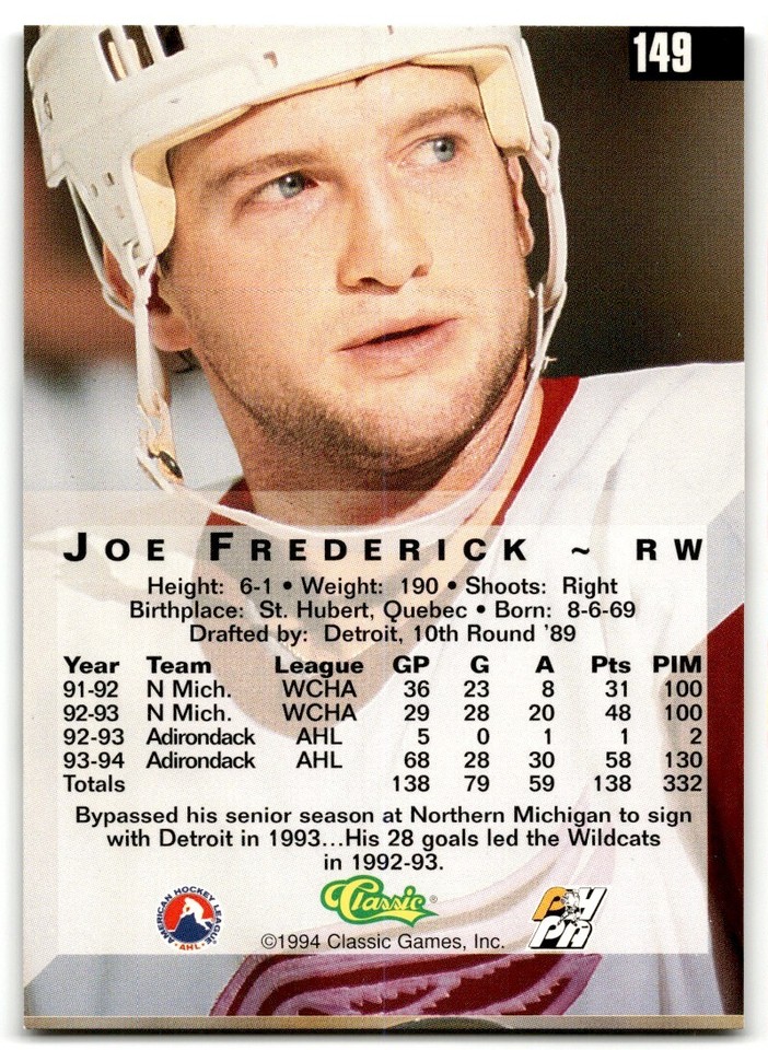 1994-95 CLASSIC GAMES 4 SPORT JOE FREDERICK ADIRONDACK RED WINGS #149 ...