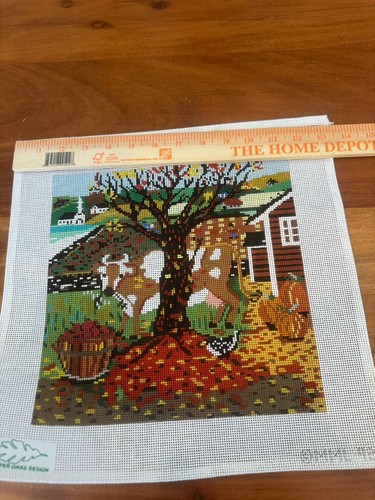 Needlepoint Canvas Hand painted VTG 80s Fall Cow Farm Country Folk ...