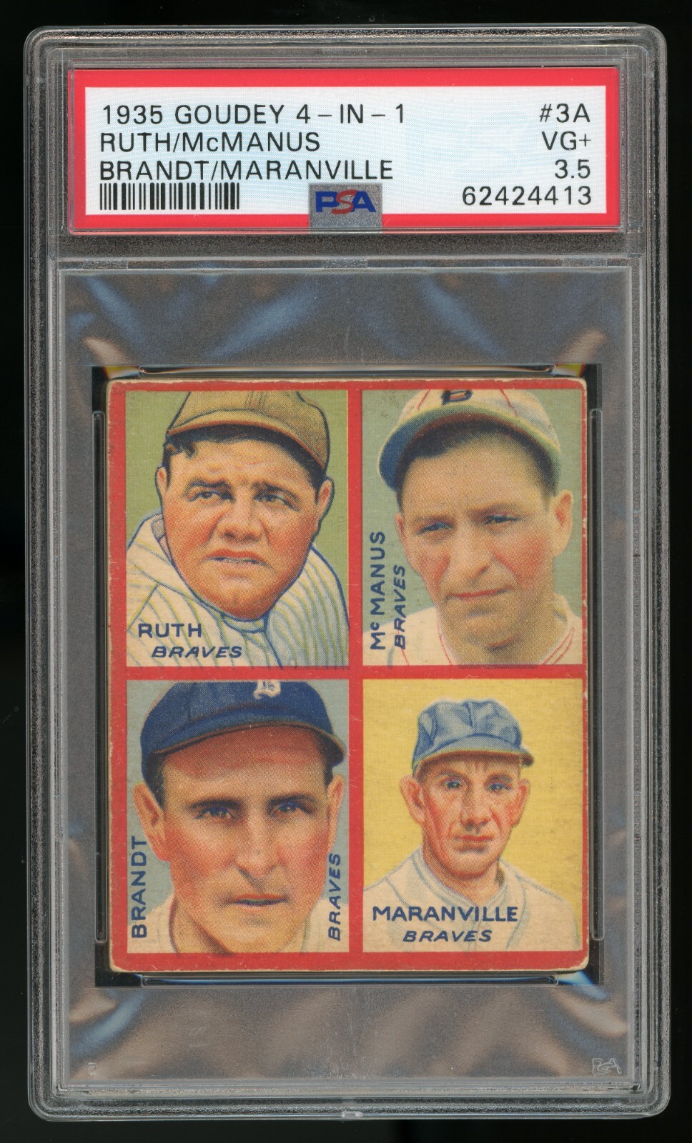 1935 Goudey 4 IN 1 Babe Ruth HOF McManus Brandt Maranville #3A PSA 3.5 ...
