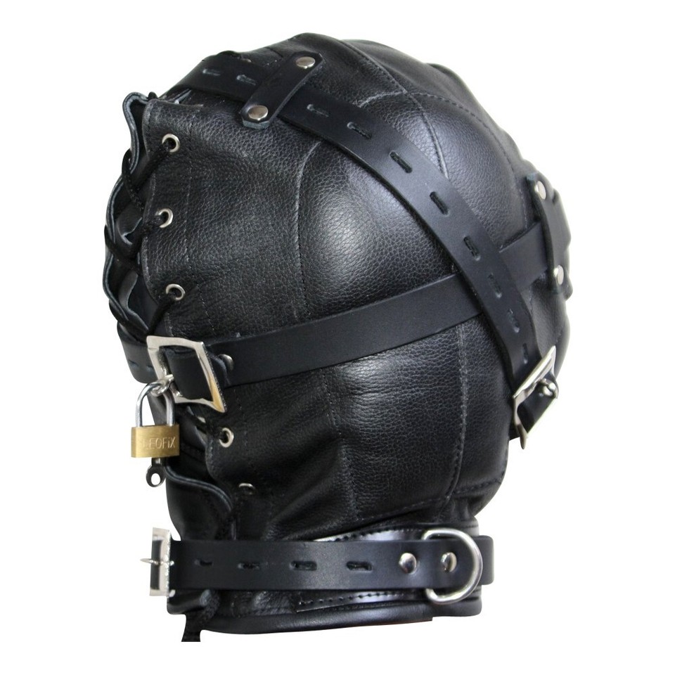Genuine Black LEATHER GIMP Lockable O Ring Full Hood Mask Mouth Party ...