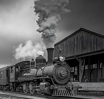 Old 1900s Vintage locomotive Train on tracks On the move Set photo ...