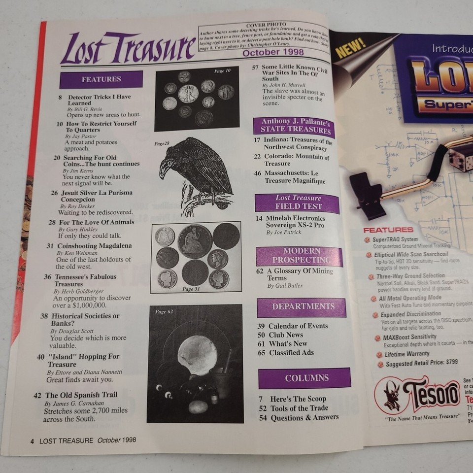 Lost Treasure Magazine October 1998 Hunters Guide Metal Detector Civil ...