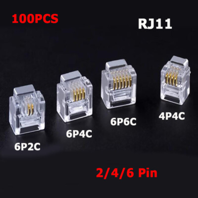 100 PCS RJ11 4P4C 6P2C 6P4C 6P6C Telephone Phone Line Plug Connector 2 ...