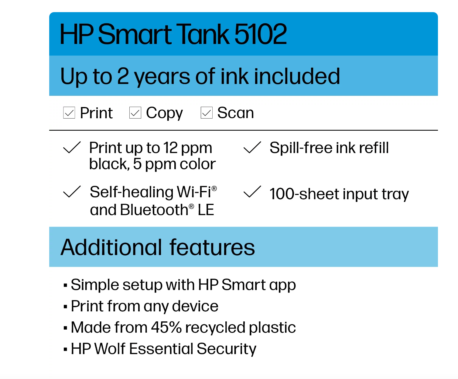 HP Smart Tank 5102 Wireless All-in-One Color Home Inkjet Tank Printer ...