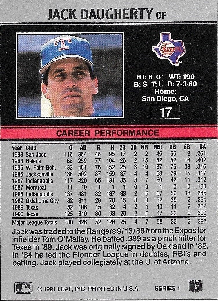 1991 Leaf Jack Daugherty 17 Texas Rangers Baseball Vintage | eBay