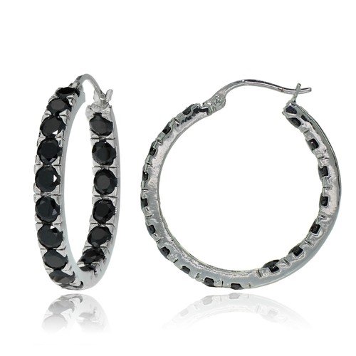 Sterling Silver Black Cubic Zirconia Inside Out 3x20 mm Round Hoop ...