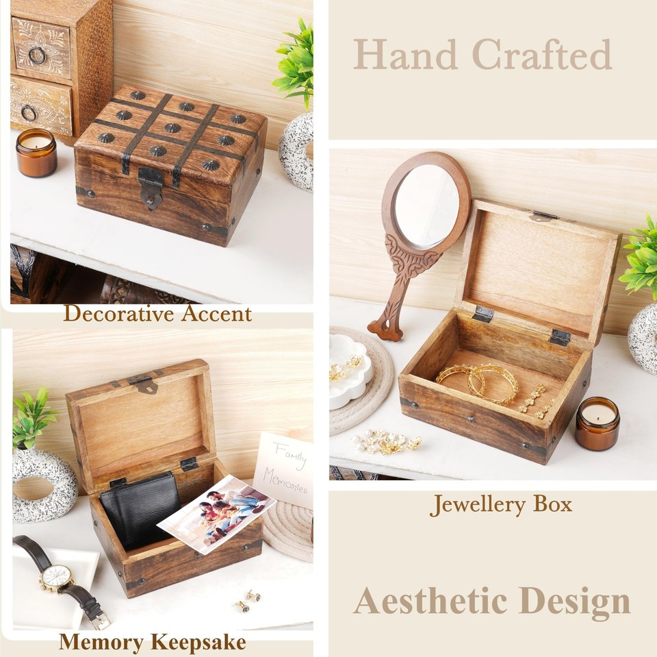 Wooden Treasure Chest – Handcrafted Wood Keepsake Box with Shell Strips ...
