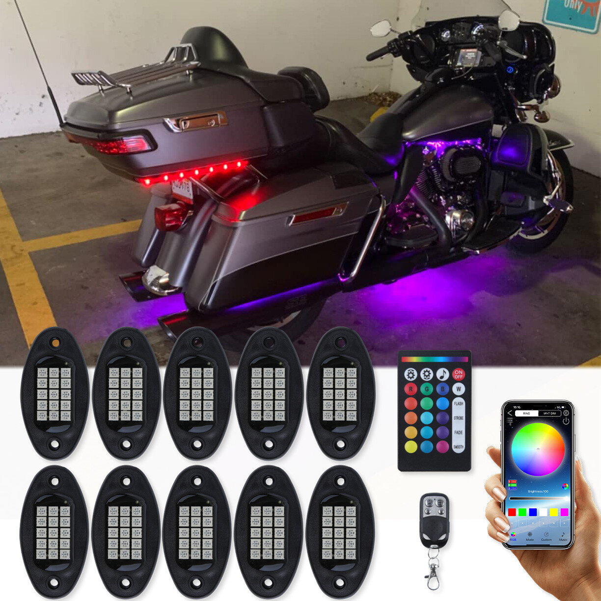 10 Pods Motorcycle RGB LED Rock Light Neon Underglow Kit For Harley ...