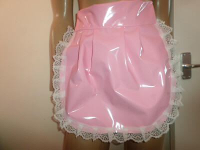 PRETTY FETISH GLOSSY THICK PINK PLASTIC APRON FRILLY LACE EDGE ONE SIZE ...