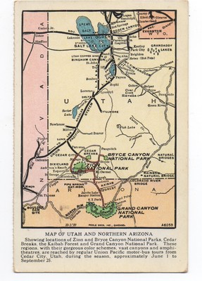 1920s Union Pacific Railroad Postcard of Map of Utah & Arizona | eBay