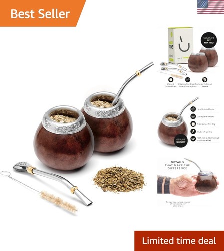 Artisan Yerba Mate Gourd Set - Two Natural Cups with Bombilla for Rich ...