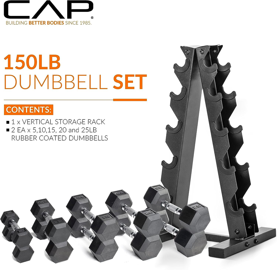Rubber Coated Dumbbell Weight Set with Vertical Rack | 100 Lb, 150 Lb ...