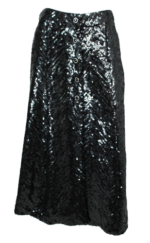 CHANEL 2022 22P Black Metallic Sequin Crystal CC Button A-Line Midi ...