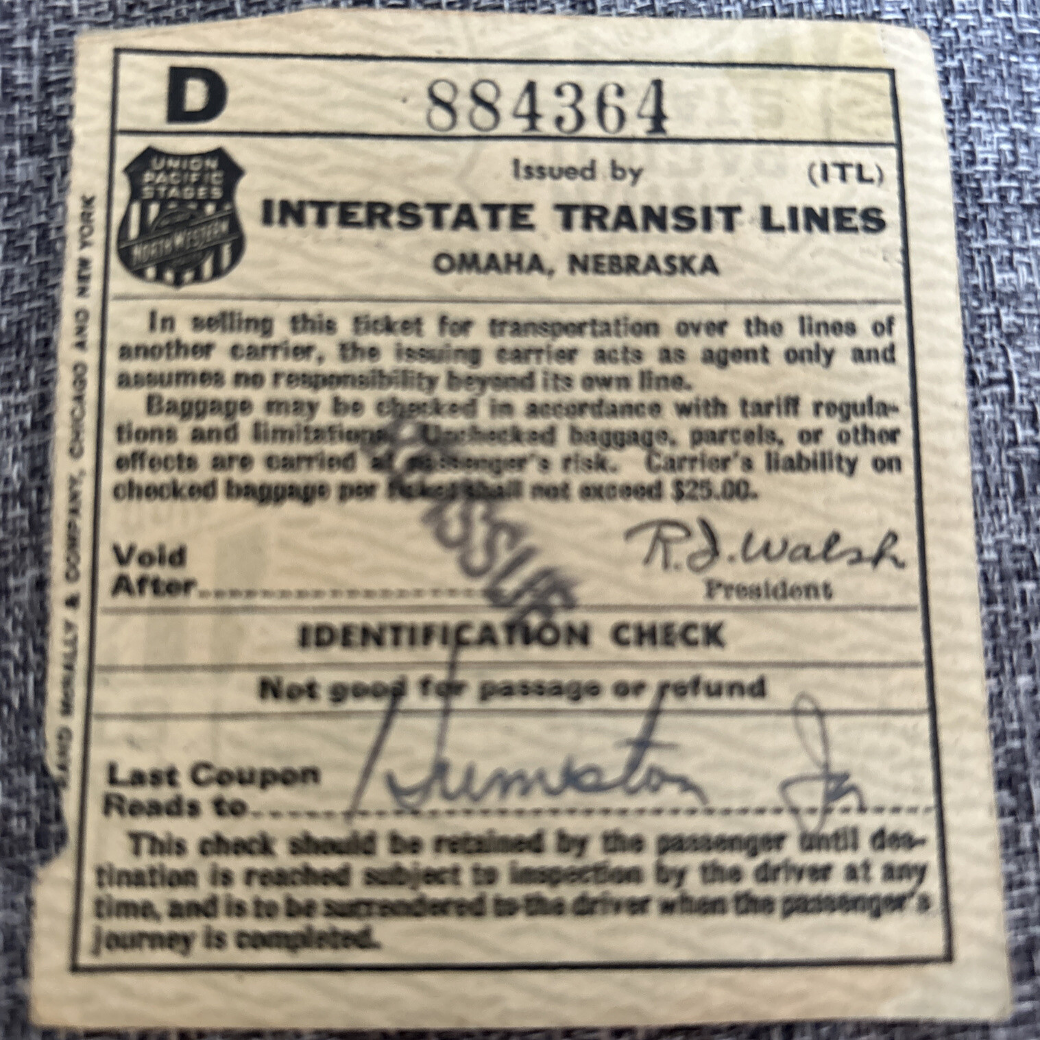 Vintage 1946 Union Pacific Railroad Ticket Interstate Transit Lines Des ...