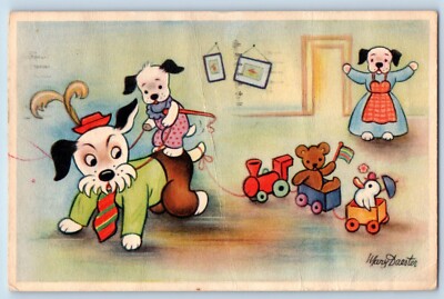Mary Daester Signed Artist Postcard Anthropomorphic Dog Playing Train ...