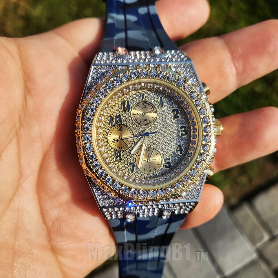 LUXURY HIP HOP ICED CAMOUFLAGE SILICONE BAND SIMULATED DIAMOND BLING ...