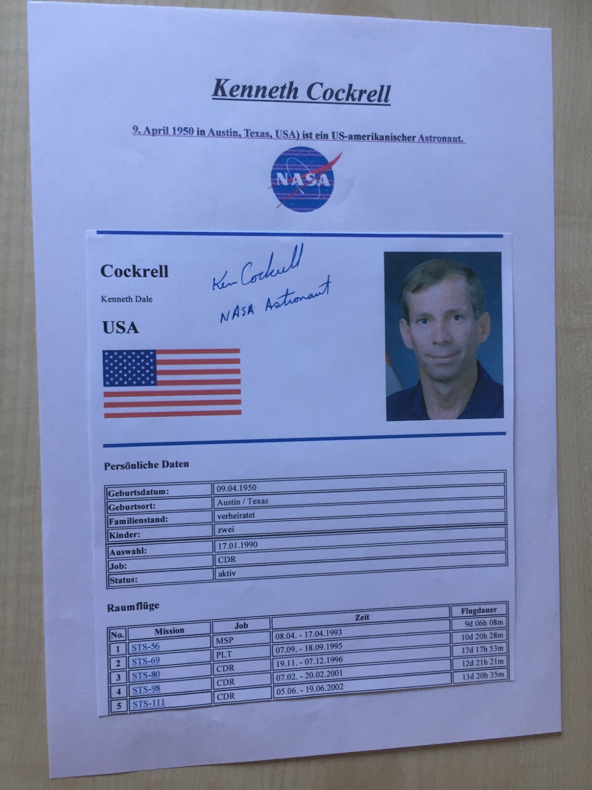Autograph KENNETH COCKRELL-NASA astronaut-STS-111/-98/-80-original ...