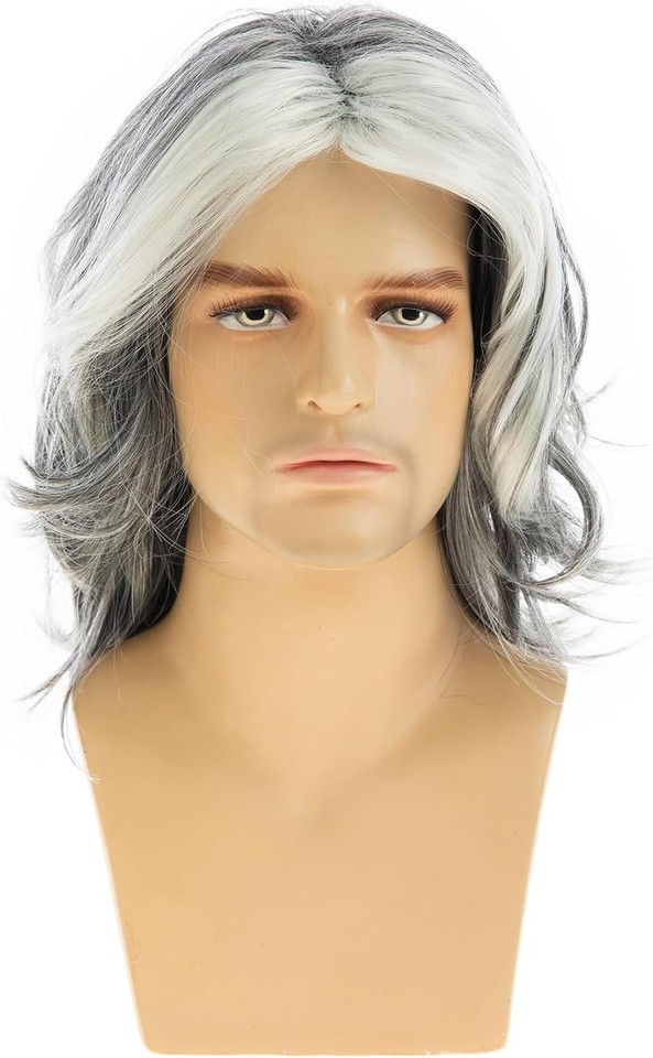 Mens Wig Grey Long Straight Synthetic Heat Resistant Costume Cosplay ...