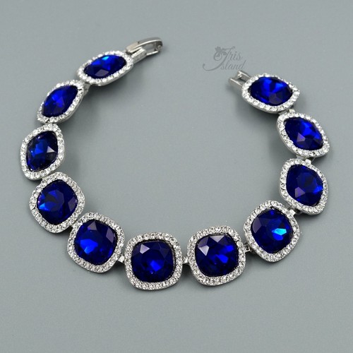 Navy Blue Crystal Rhinestone Bracelet Rhodium Plated Women Fashion ...