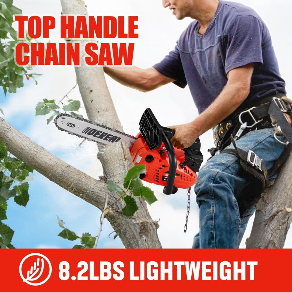 12 Inch Gas Chainsaw, 25.4CC 2-Stroke Top Handle Gas Powered Chainsaw ...