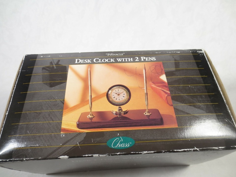 Unused swivel Quartz Chass Clock on Mahogany Wood w Gold-tone 2 Pen Set ...