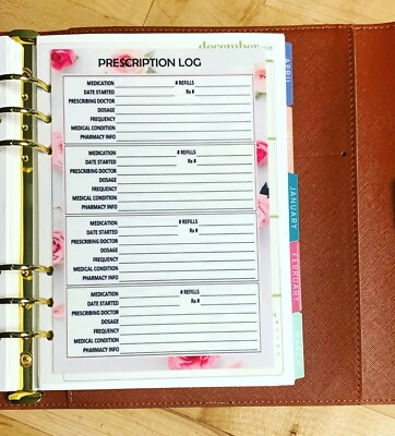 Prescription Rx Log Dashboard Insert 4 use with Erin Condren A5 Ring ...