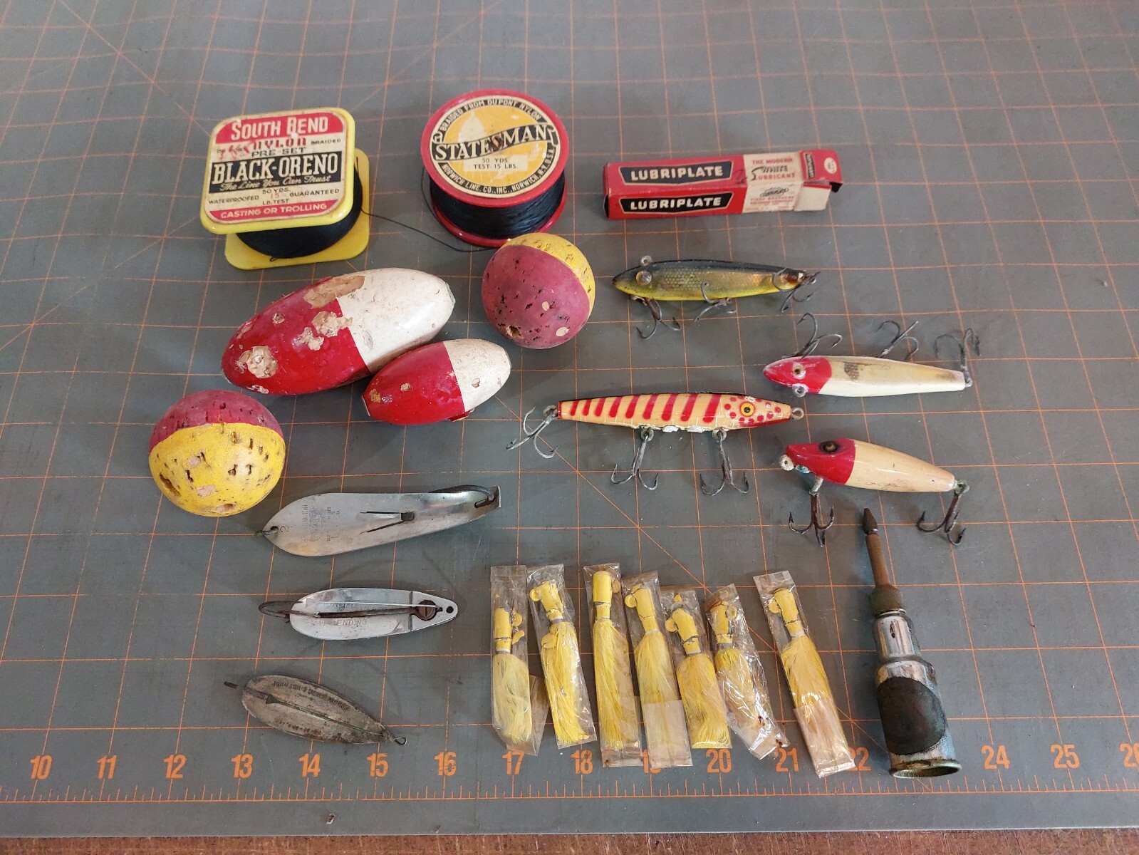 Lot Vintage Fishing Lures Bobbers String Wooden Plastic Cork Lube Oiler ...