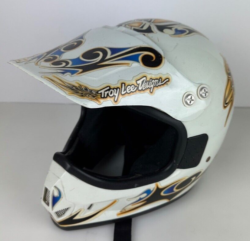 Vintage Troy Lee Designs Barbed Wire Helmet White yellow blue patterns ...