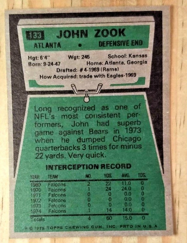 1975 TOPPS JOHN ZOOK CARD#133 KANSAS ATLANTA FALCONS ST LOUIS CARDINALS ...